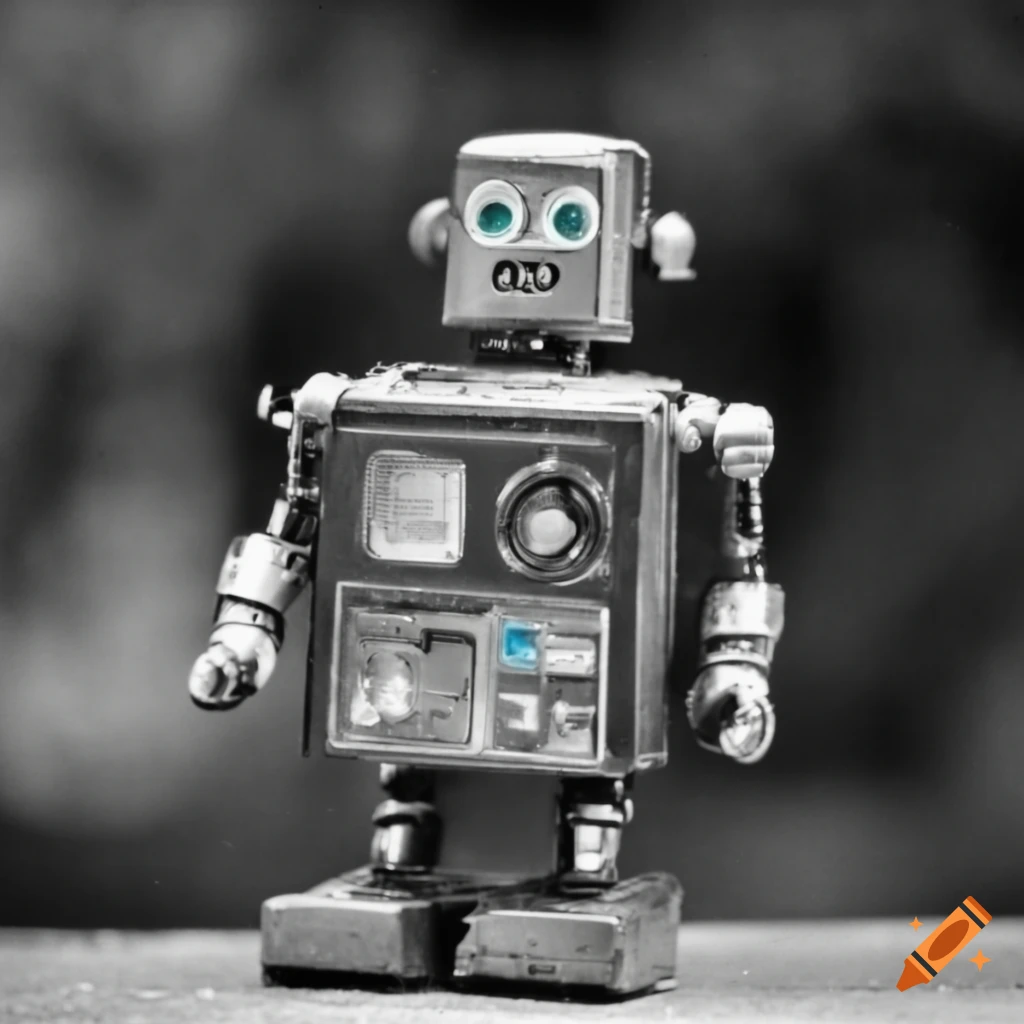 Sad miniature robot in old analog black and white photography on Craiyon