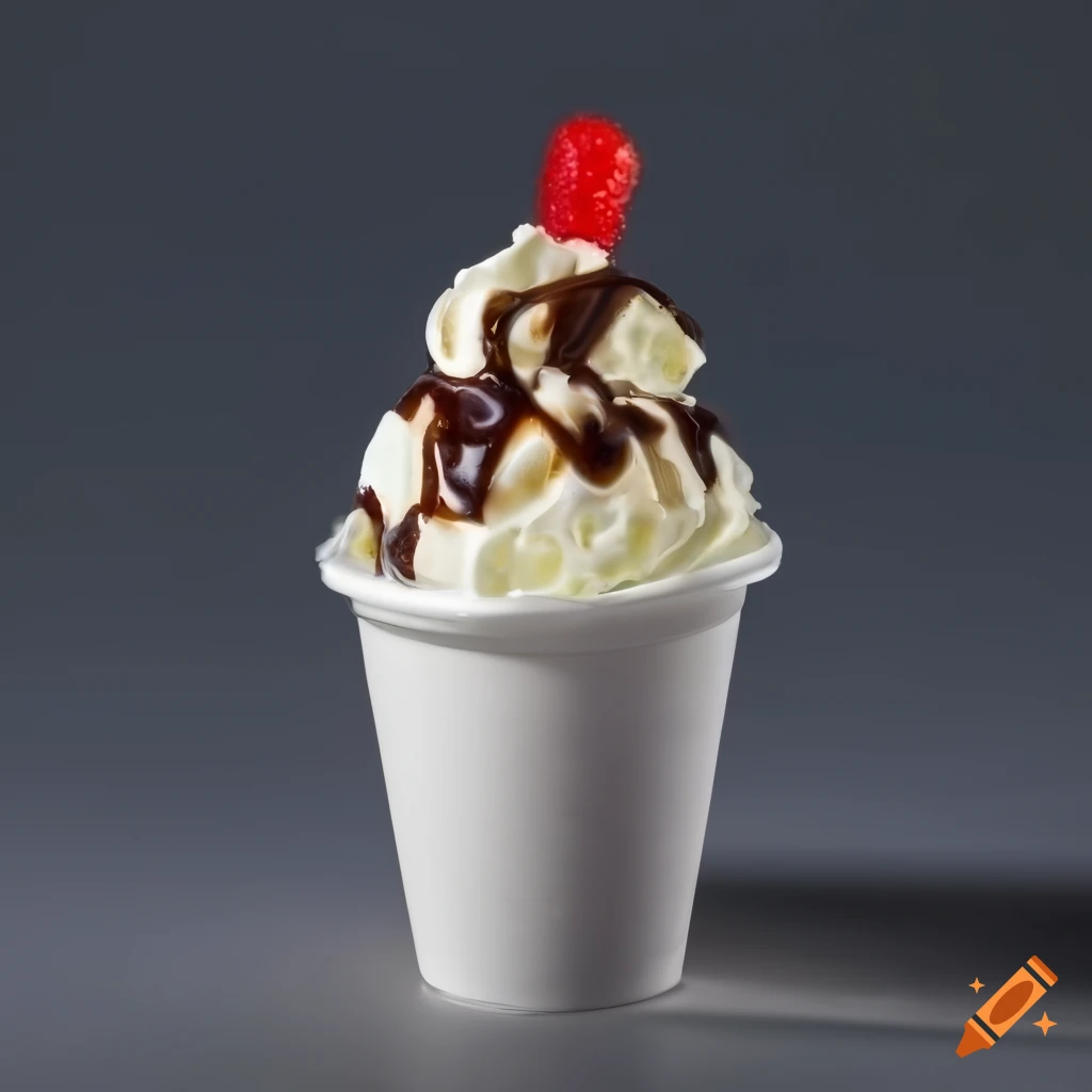 Hot fudge sundae in a styrofoam cup on Craiyon