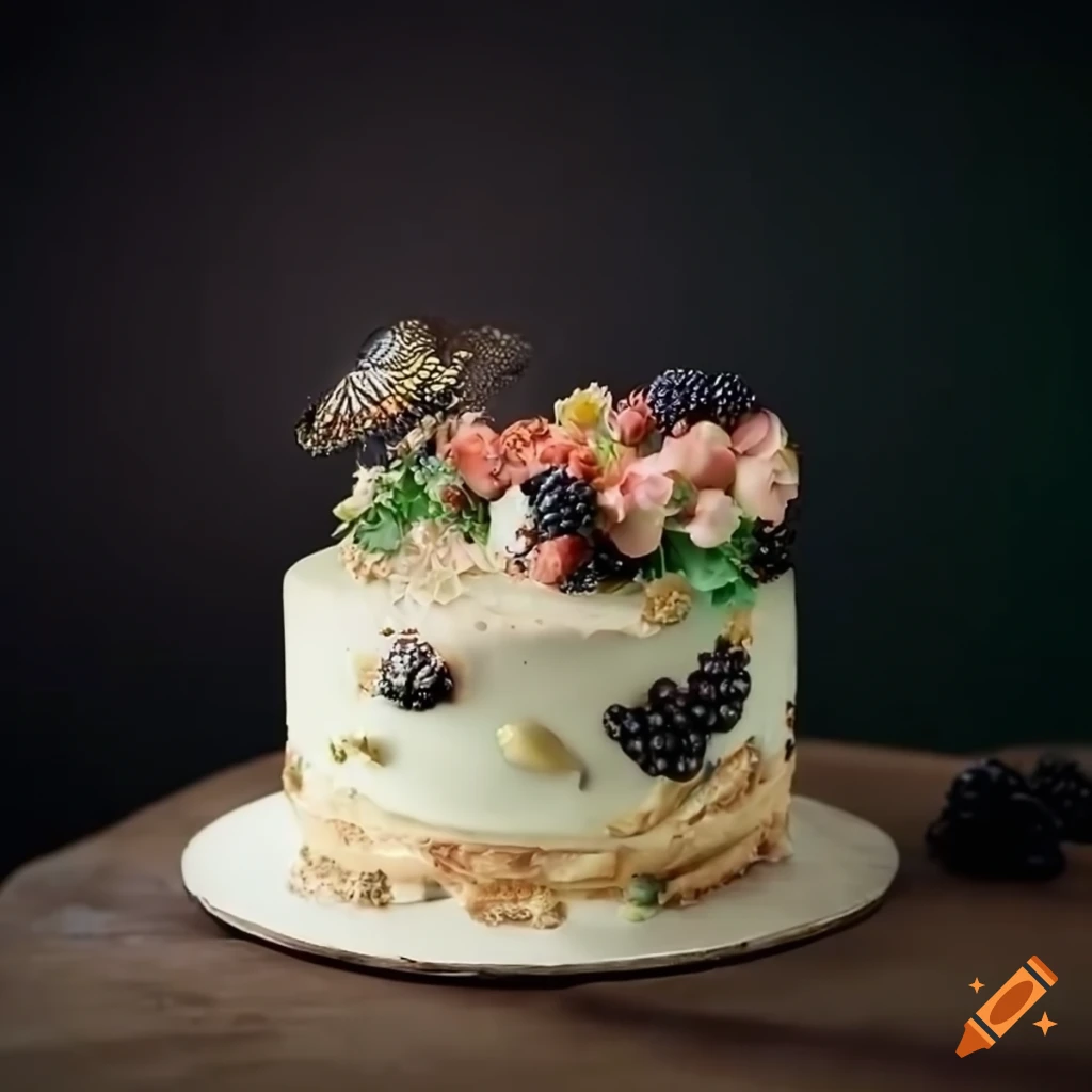 Fairycore cake with floral and mushroom decorations on Craiyon