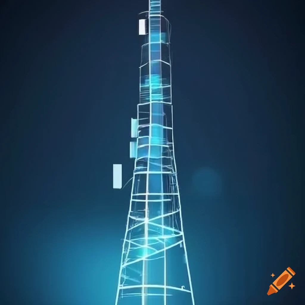 Detailed illustration of a cellular tower emitting a radio wave and a smartphone connected with ...