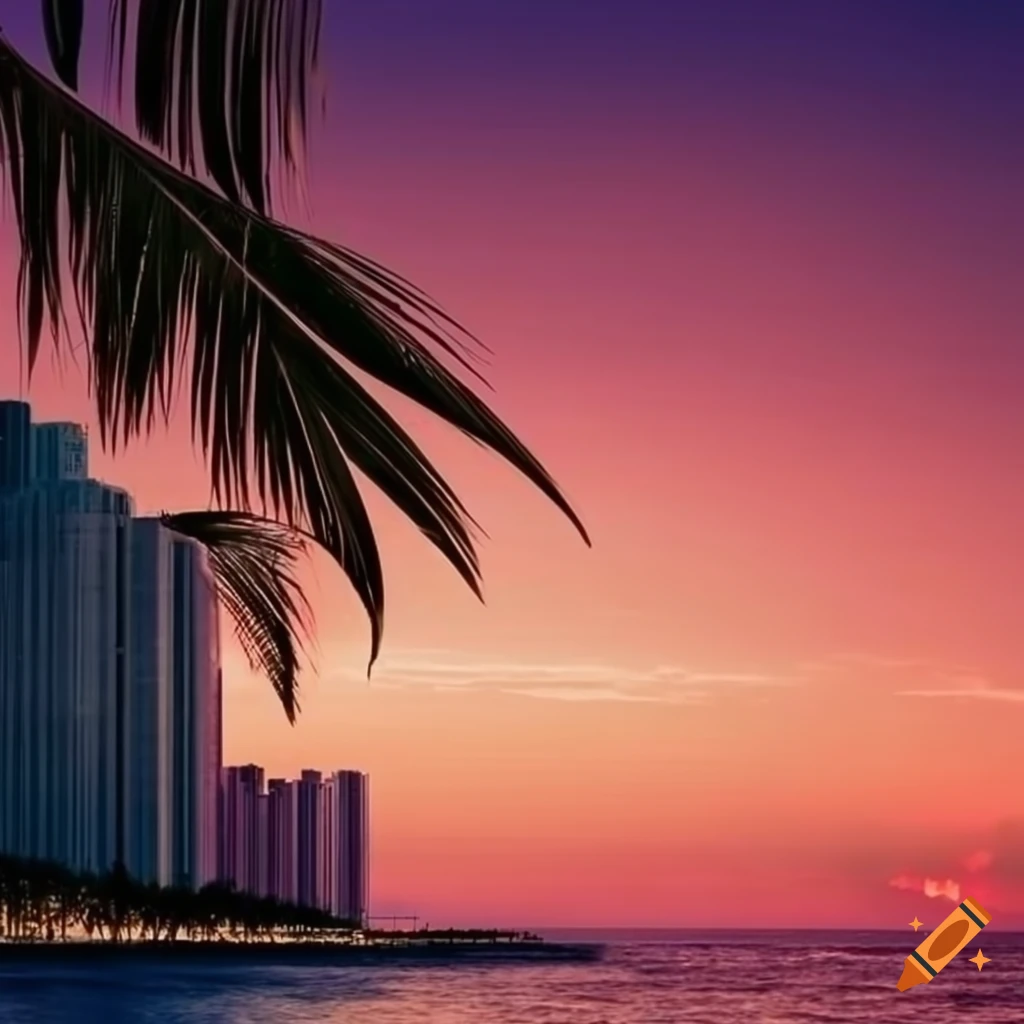 Sunset with palm tree in miami vice style on Craiyon
