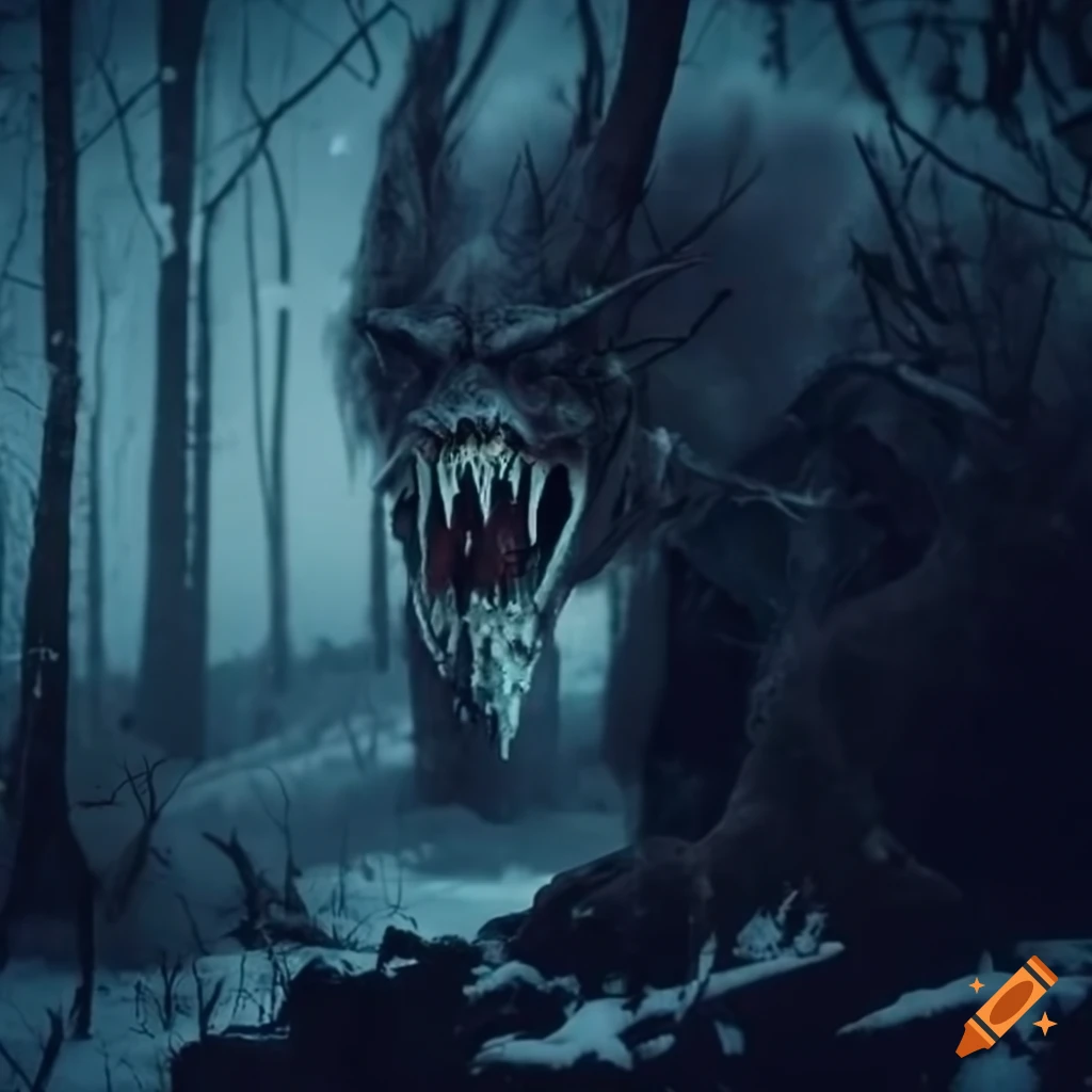 White horned snow demon in a stormy forest on Craiyon