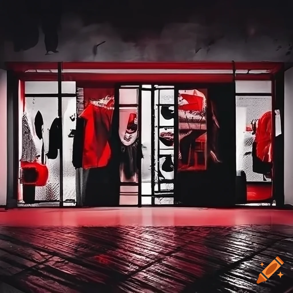 Streetwear store with black, red, and white theme on Craiyon