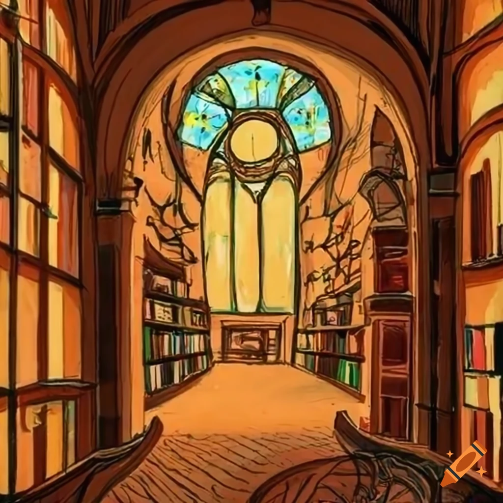 Sketch of an art nouveau style large bookstore with stained glass ...