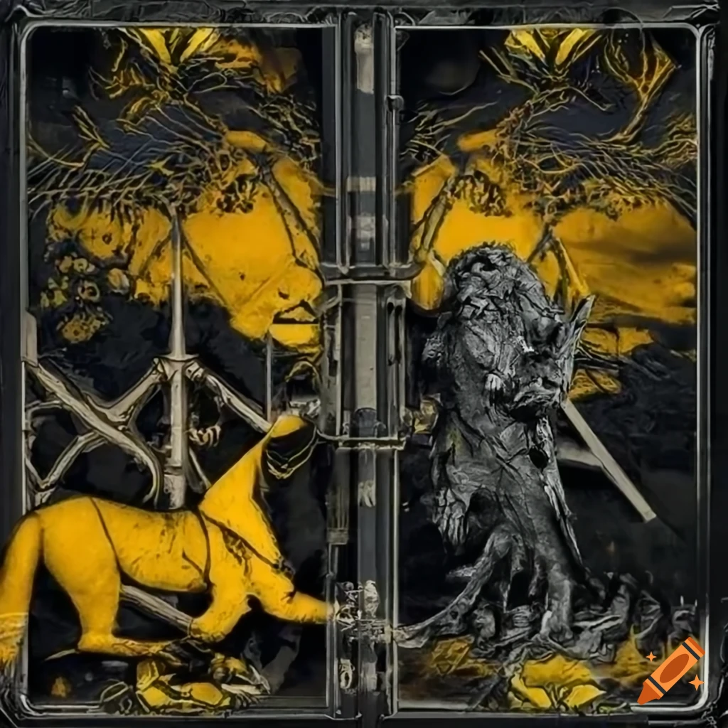 Metal album cover featuring two beasts in yellow colors on Craiyon