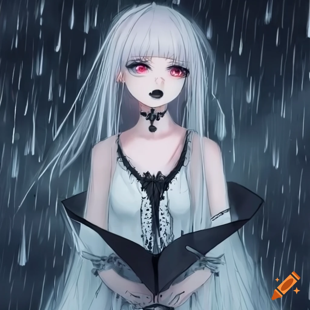 Goth anime woman in white dress standing in the rain on Craiyon