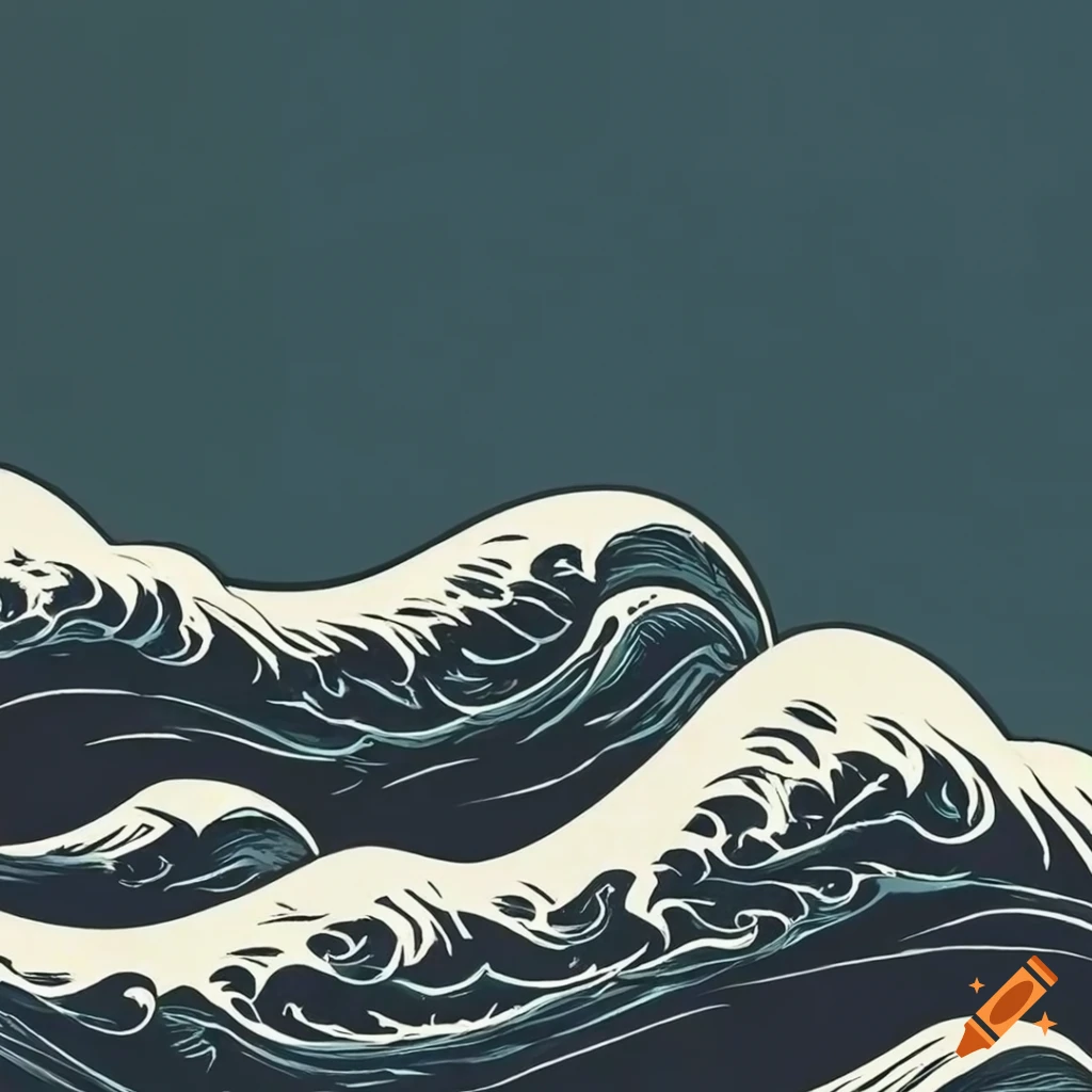 Minimalist woodcut art of crashing ocean waves in black and white on ...