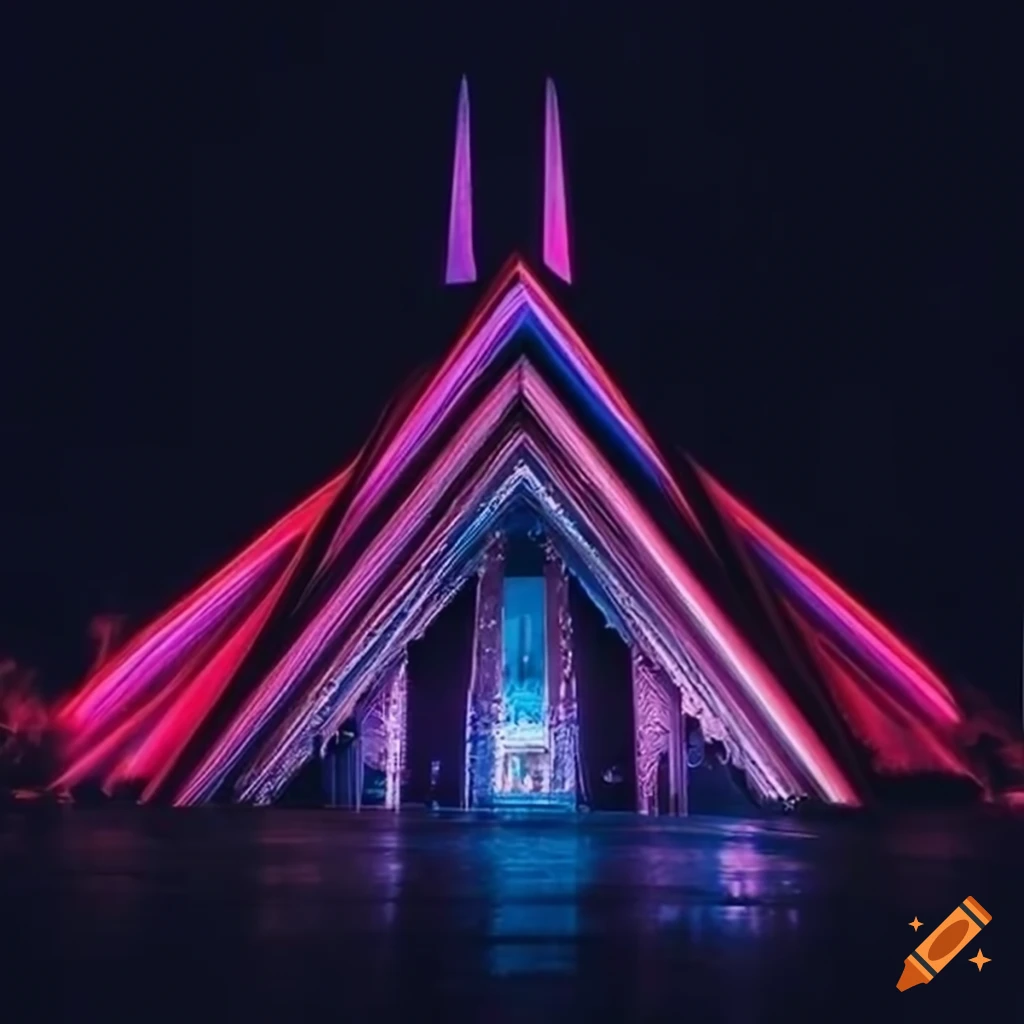 Futuristic church design lit up with neon city lights on Craiyon