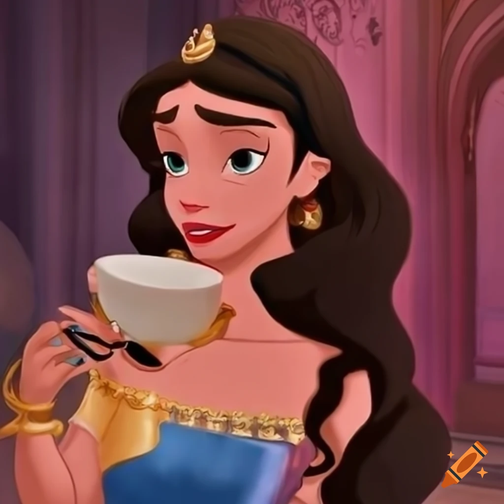 Disney princess having tea with a villain in a castle on Craiyon