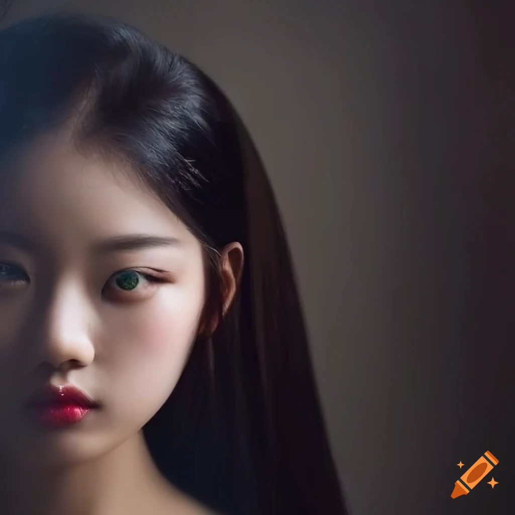 Chinese girl with beautiful long black hair and green eyes in a ...