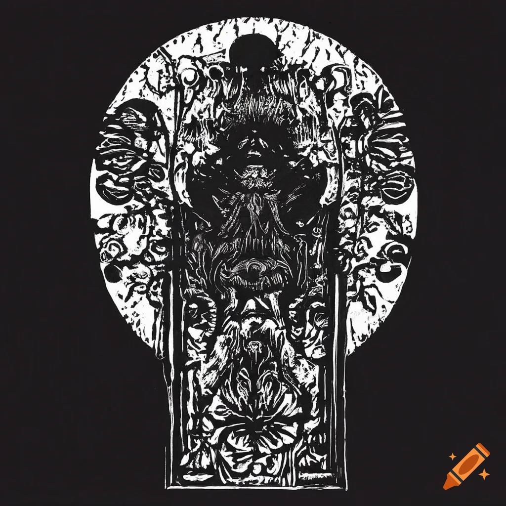 Intricate black and white linocut design on Craiyon