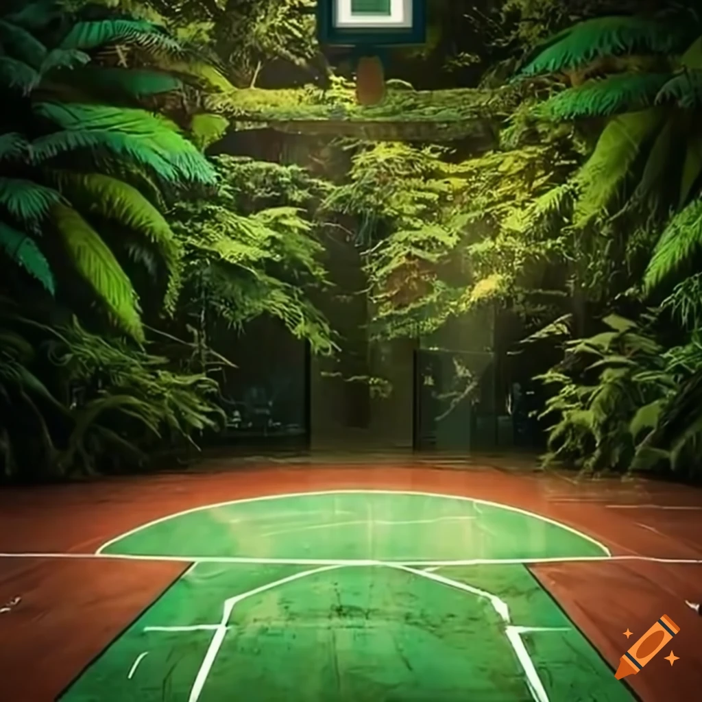 Basketball court surrounded by jungle vegetation on Craiyon