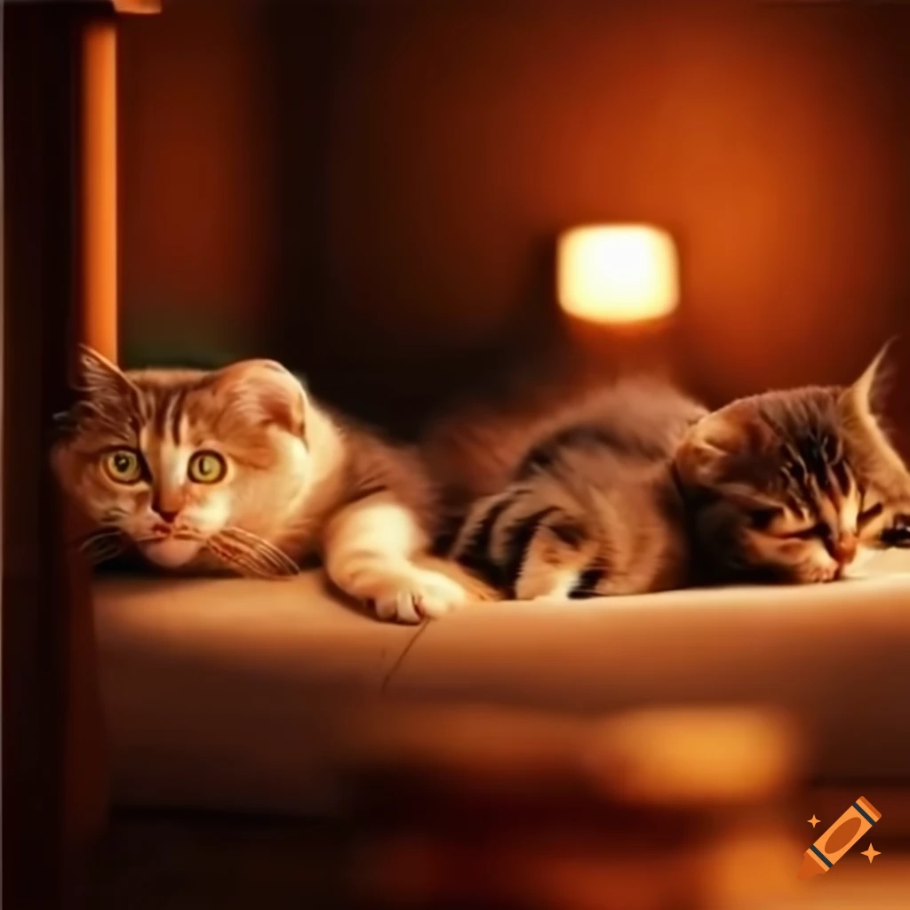 Cozy scene of multiple cats snoozing on living room furniture on Craiyon