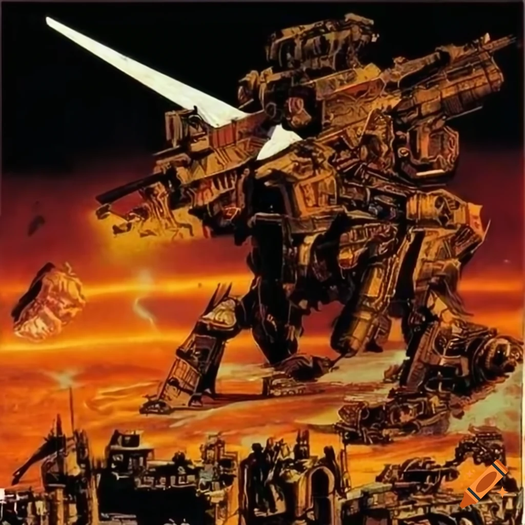 70s sci-fi art depicting a massive battle of war-machines on Craiyon