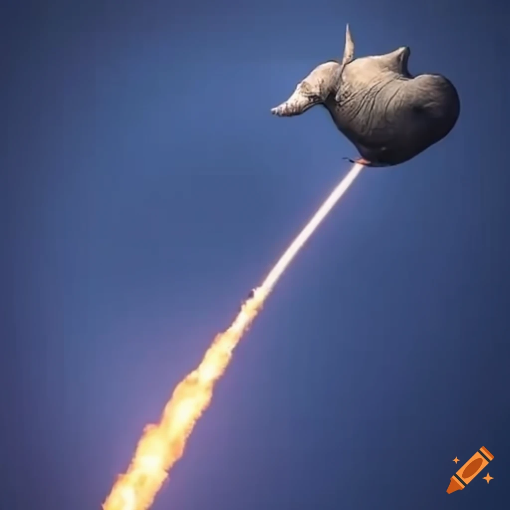 Elephant propelled by rocket flying high above a city in a whimsical ...