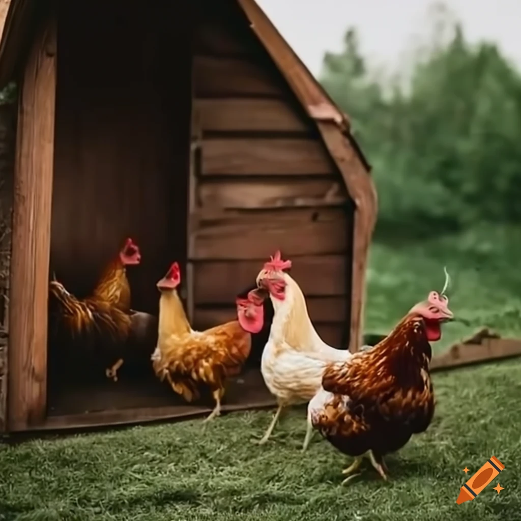 Chickens pecking grains beside a chicken coop on a farm on Craiyon