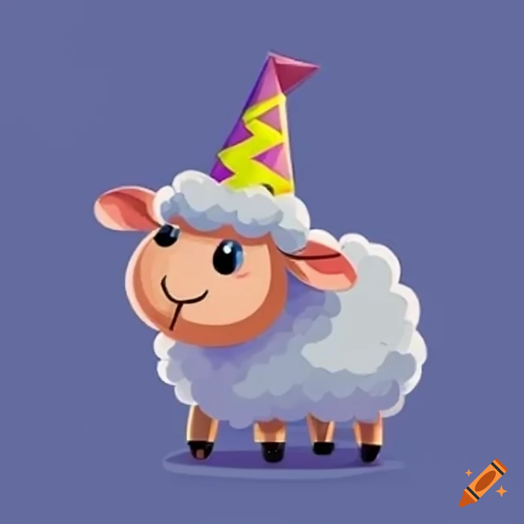 Cartoon sheep with a party hat on Craiyon