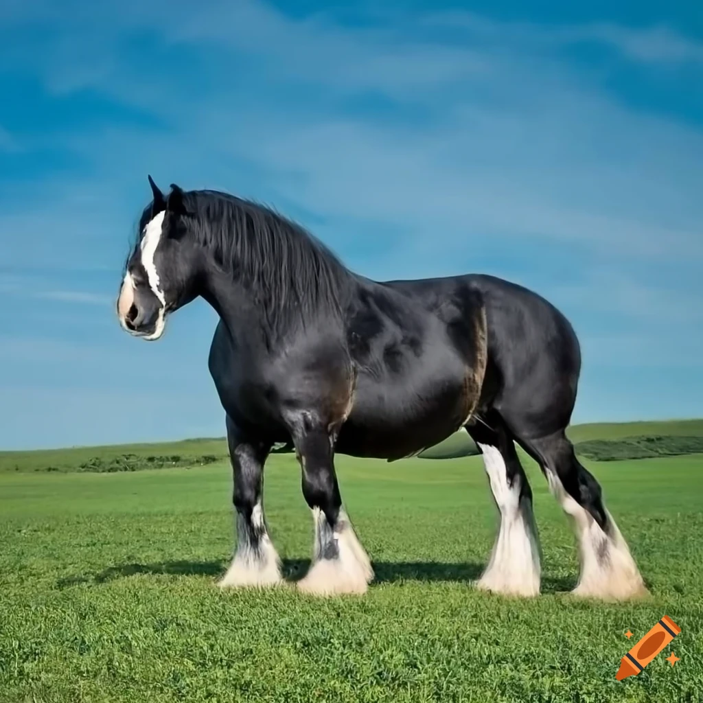 Side view of a black shire horse in a green field under a blue sky on ...