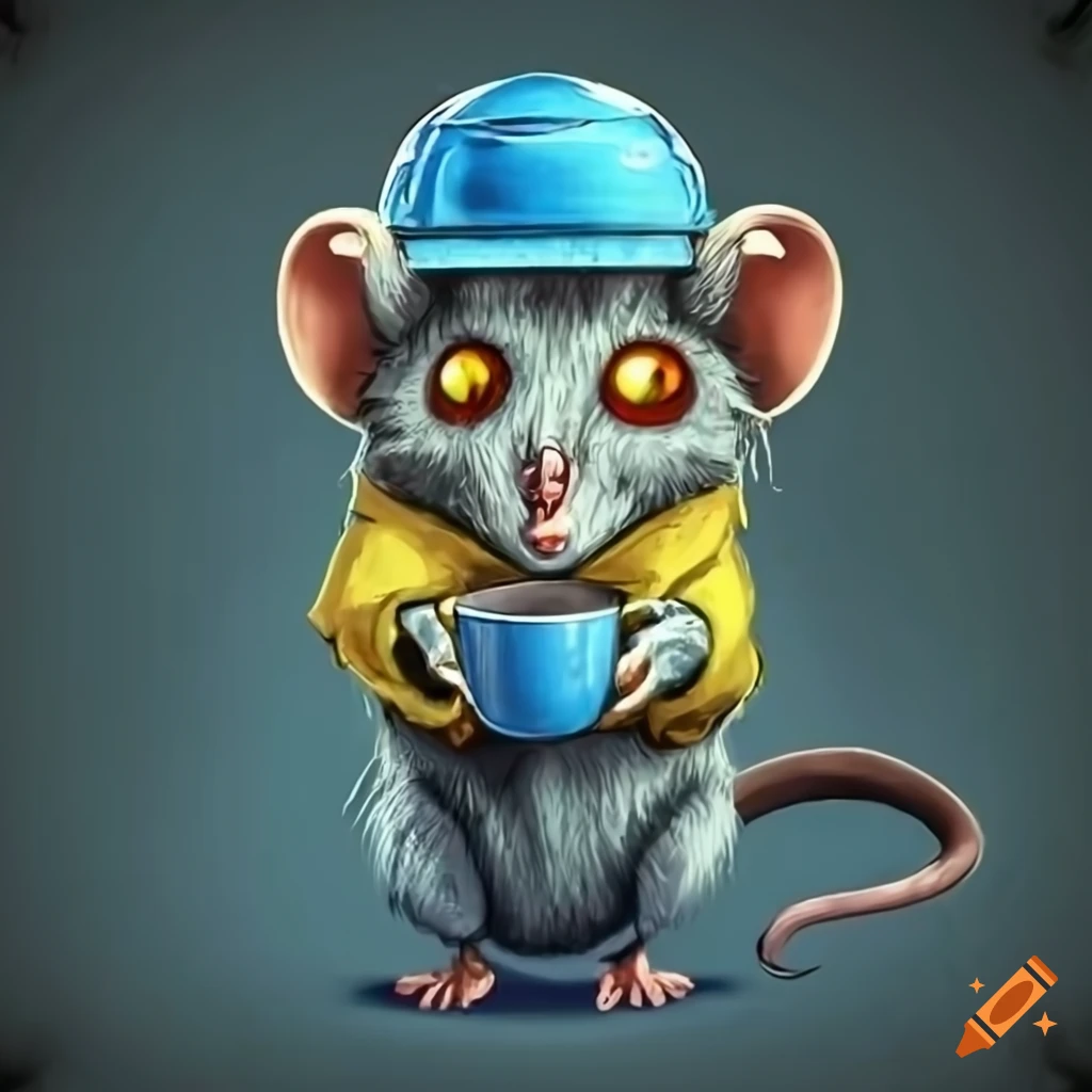 Cute undead rat with blue fur, hardhat, and trenchcoat holding a coffee ...