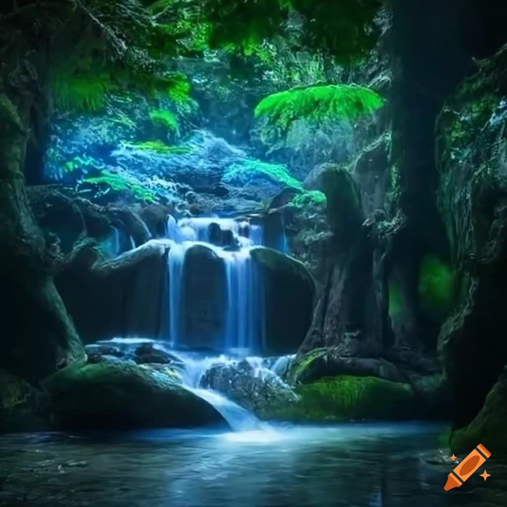Mythical rainforest with glowing waterfalls and giant trees on Craiyon