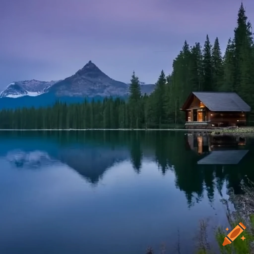 Log cabin by a mountain lake under a big sky on Craiyon