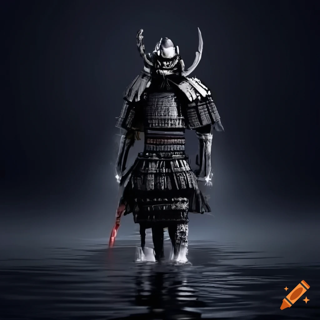 Samurai in black and white armor standing in water with night ...