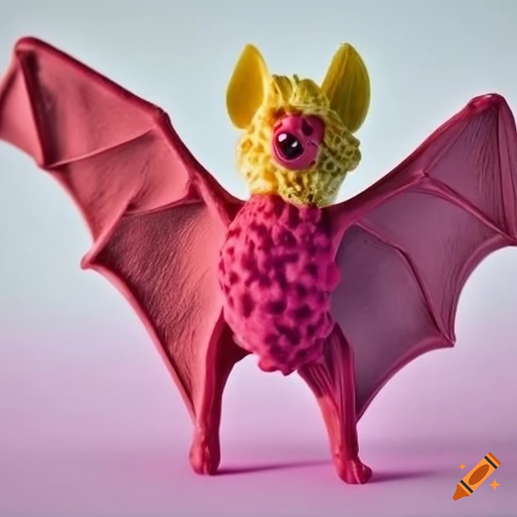 Pink and yellow spotted bat sculpture made from plasticine on Craiyon