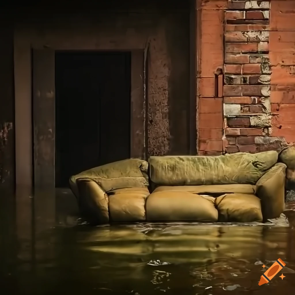 Destroyed couch in flooded brick doorway with sinking buildings in ...