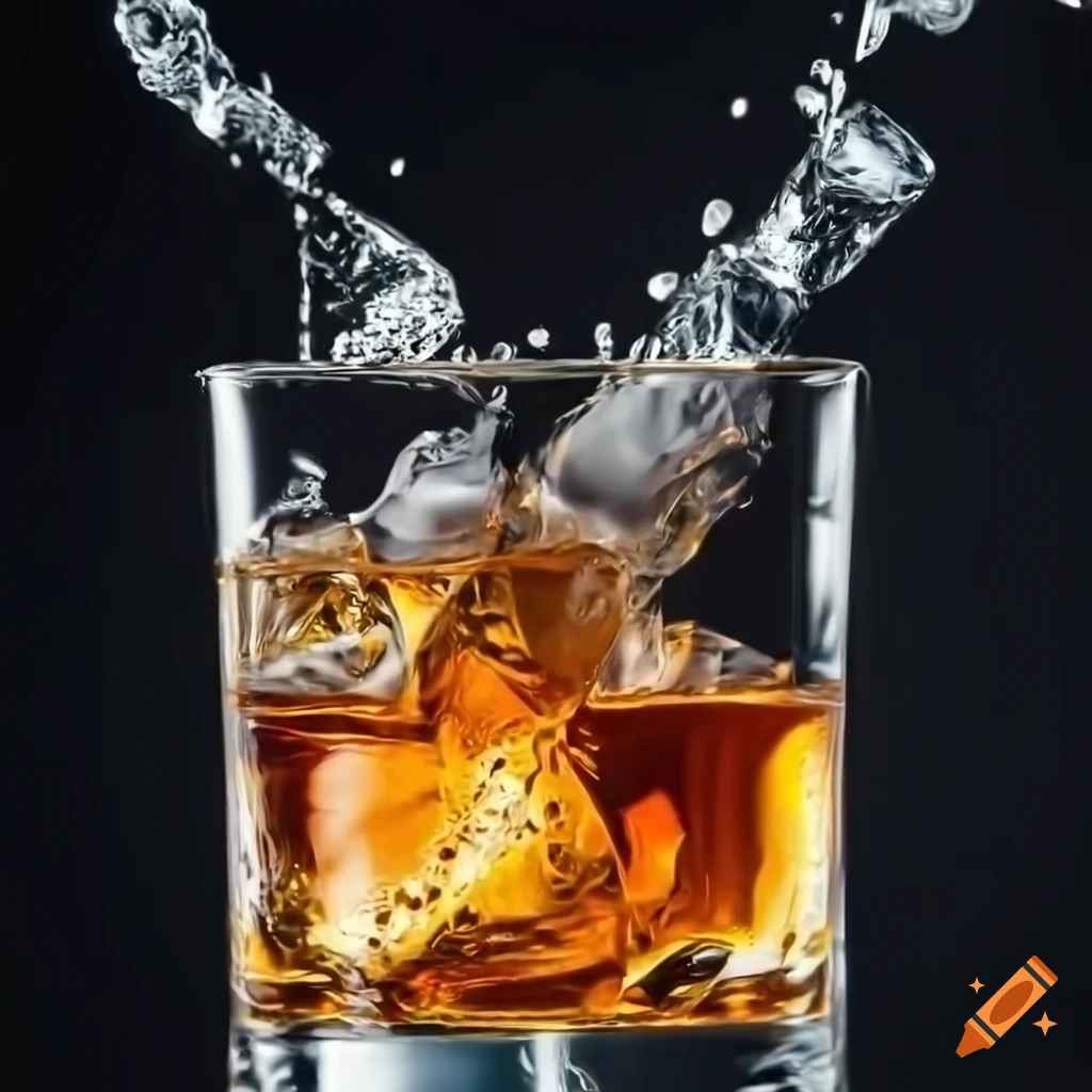 Ice cube dropping into a glass of whiskey on black backdrop on Craiyon