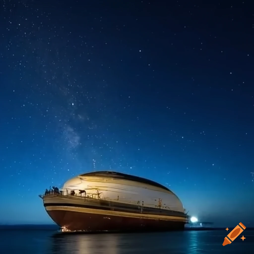 Mythical ark-shaped ship sailing in a serene starry sea at night on Craiyon