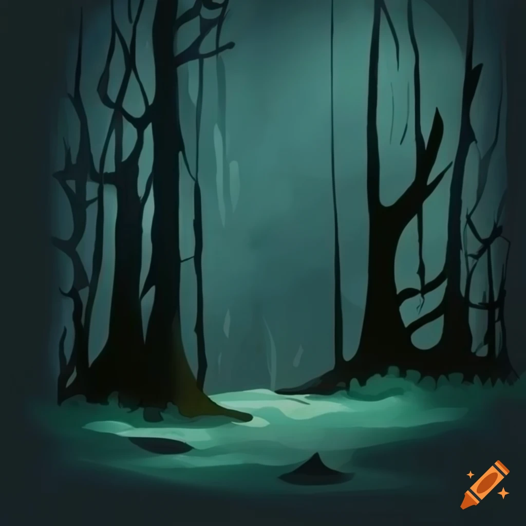 Cartoon hand-drawn dark forest on Craiyon