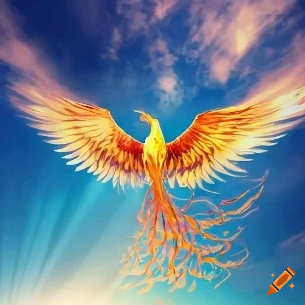 Phoenix flying against angelic sky with beams of sunlight on Craiyon