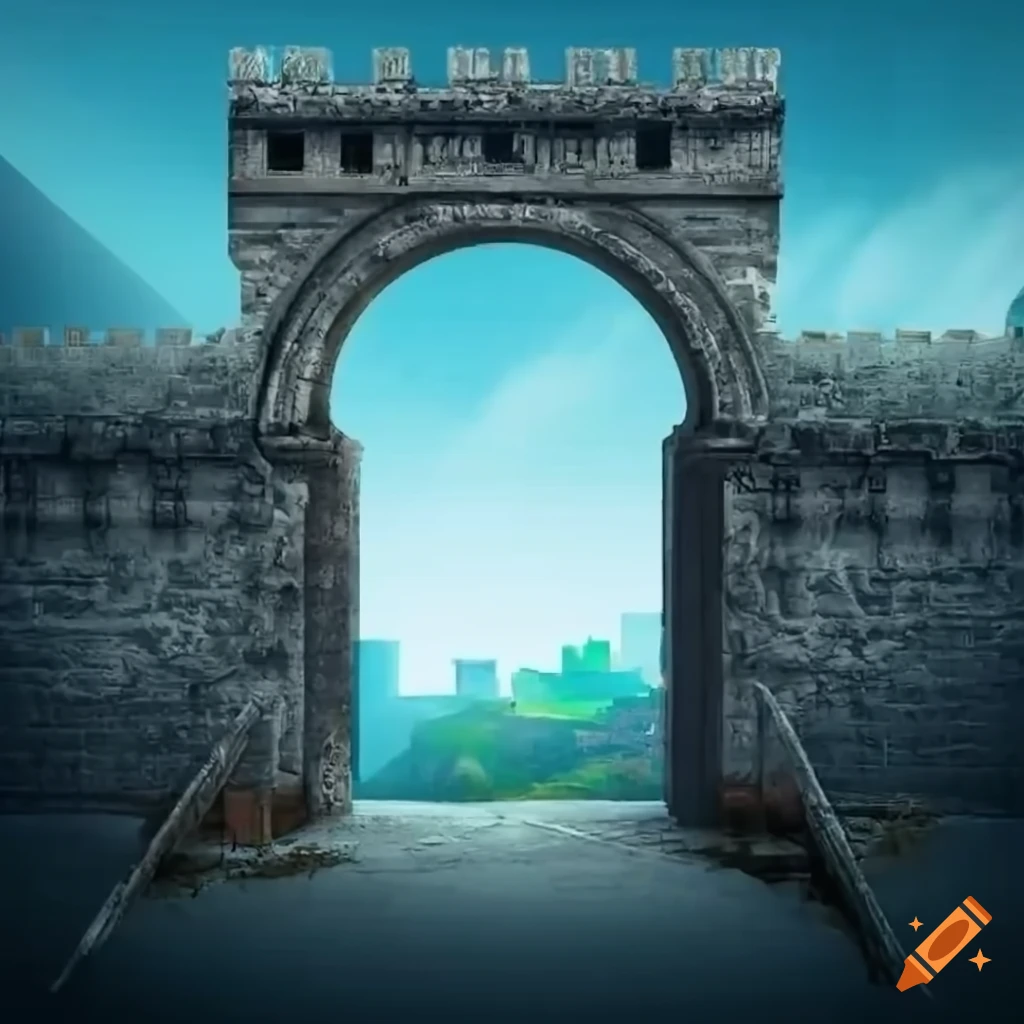 Ancient city with massive walls and fallen gate on Craiyon