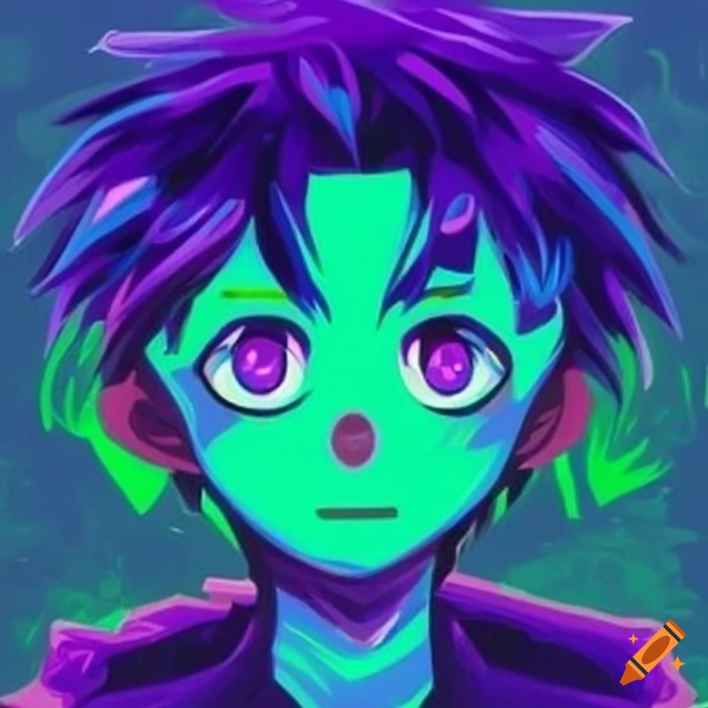 Alien anime style boy with neon green and blue colors on Craiyon