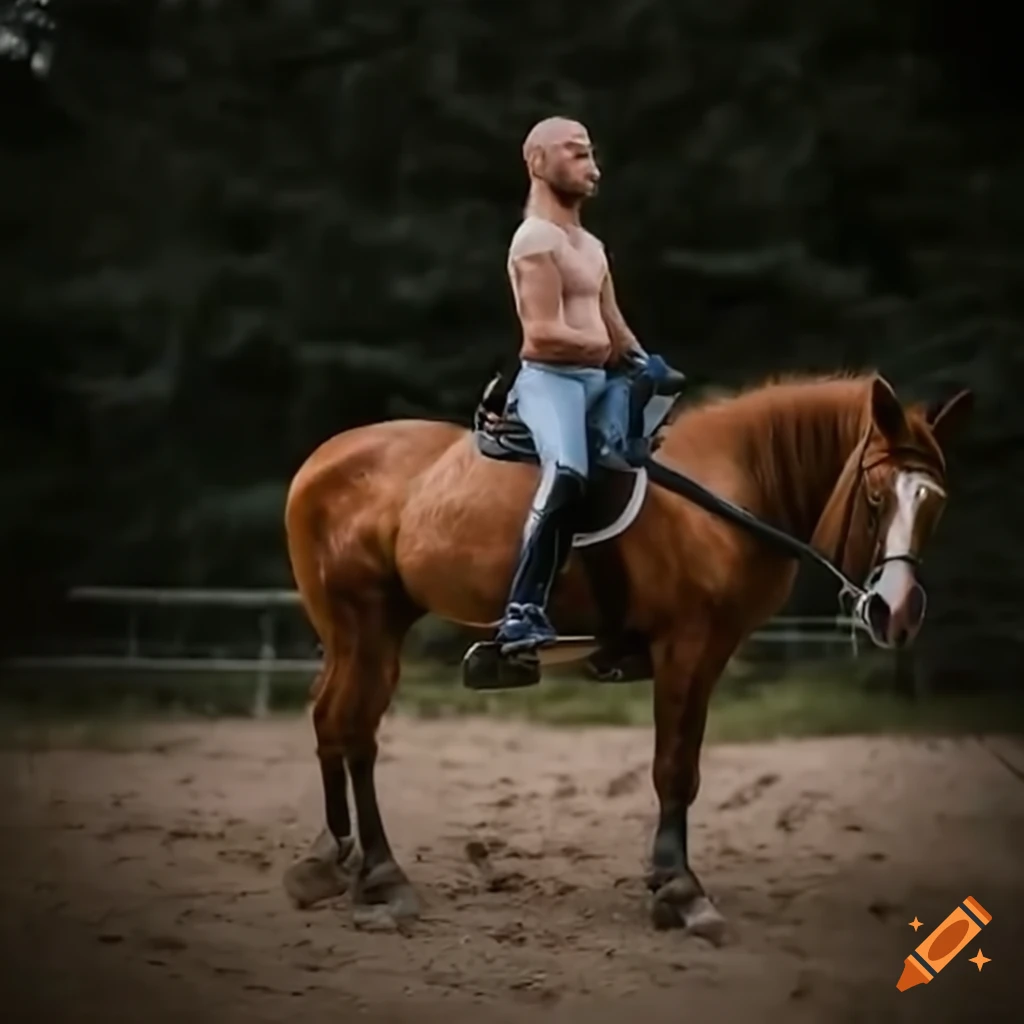 Athletic bald man riding horse at daycare on Craiyon