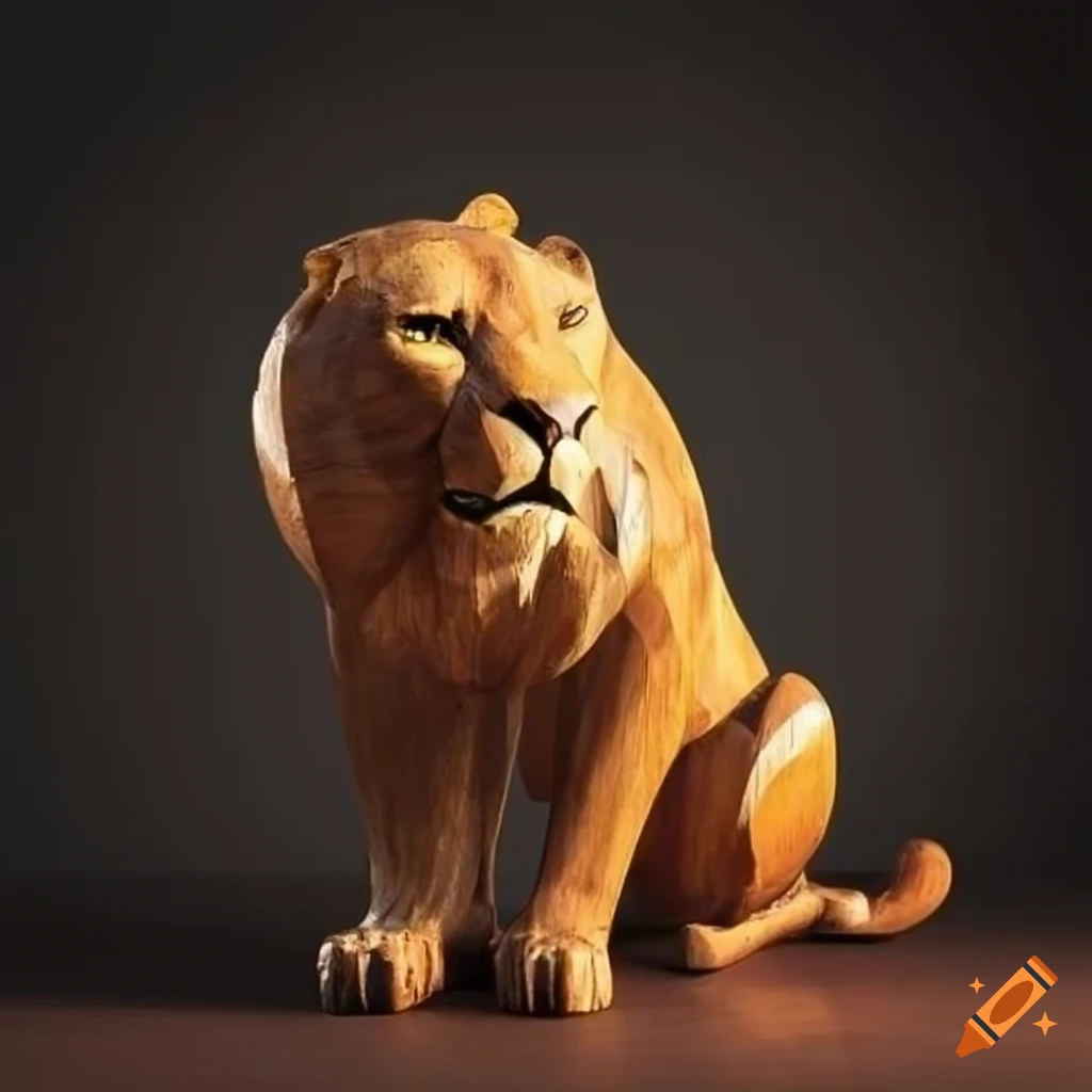 Wooden sculpture of lioness observing dove with a broken wing on Craiyon