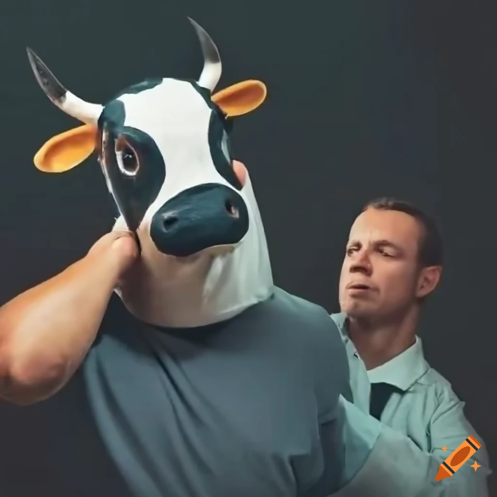 Man in cow mask getting chiropractic adjustment on Craiyon