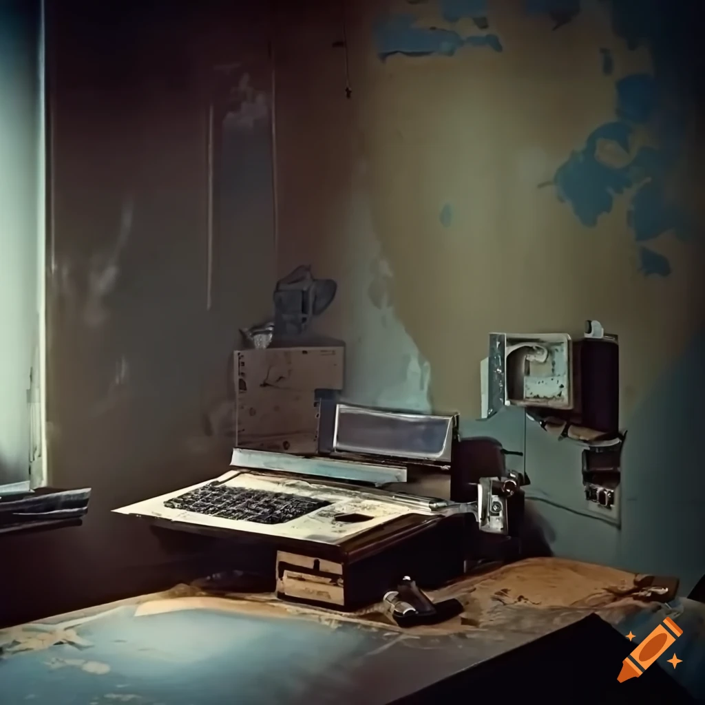 1980s office with vintage computer terminal and pipes on Craiyon