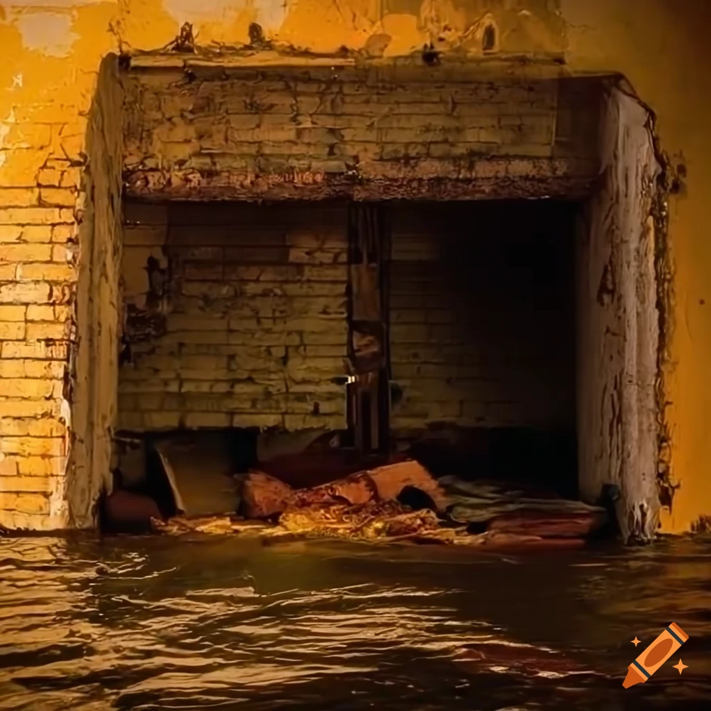 Destroyed couch in flooded brick doorway with sinking buildings into ...