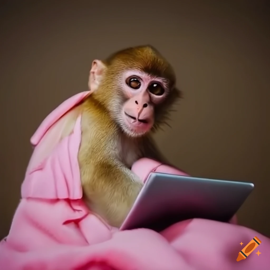 Brown monkey playing with a tablet in bed on Craiyon