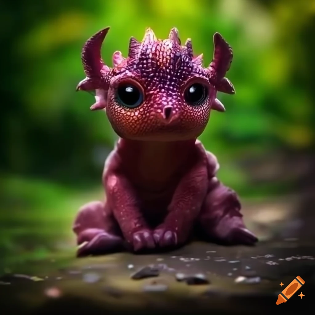 Cute baby dragon with big eyes in the woods on Craiyon
