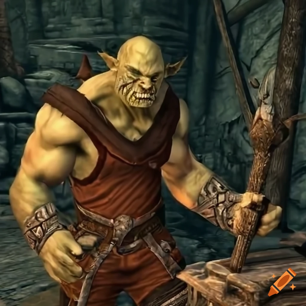 Muscular orc blacksmith forging weapons in skyrim on Craiyon