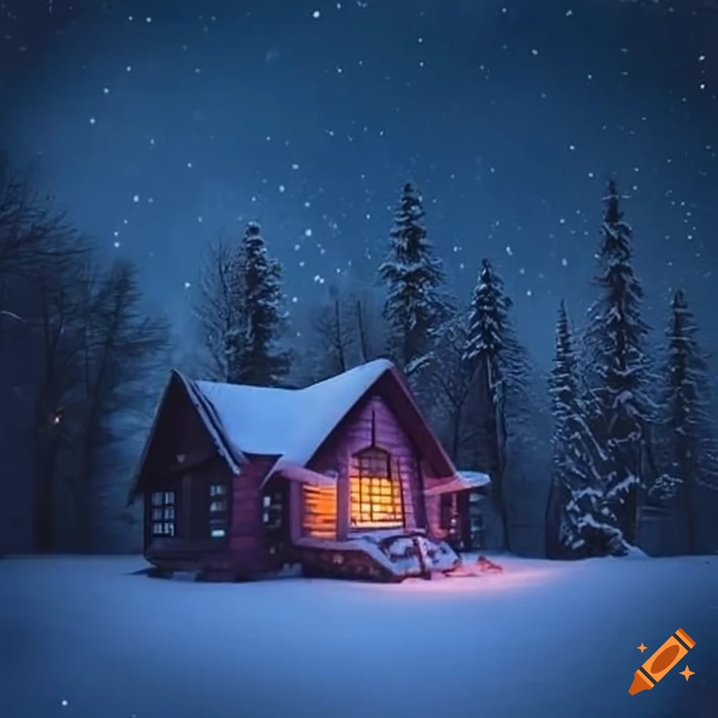 Winter sunset at a witchy themed cabin in january on Craiyon