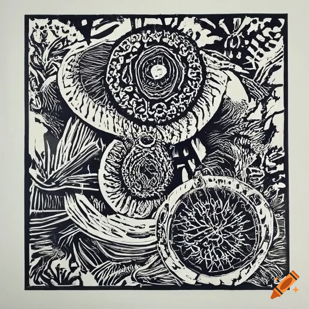 Monochrome surreal intricate linocut print on Craiyon