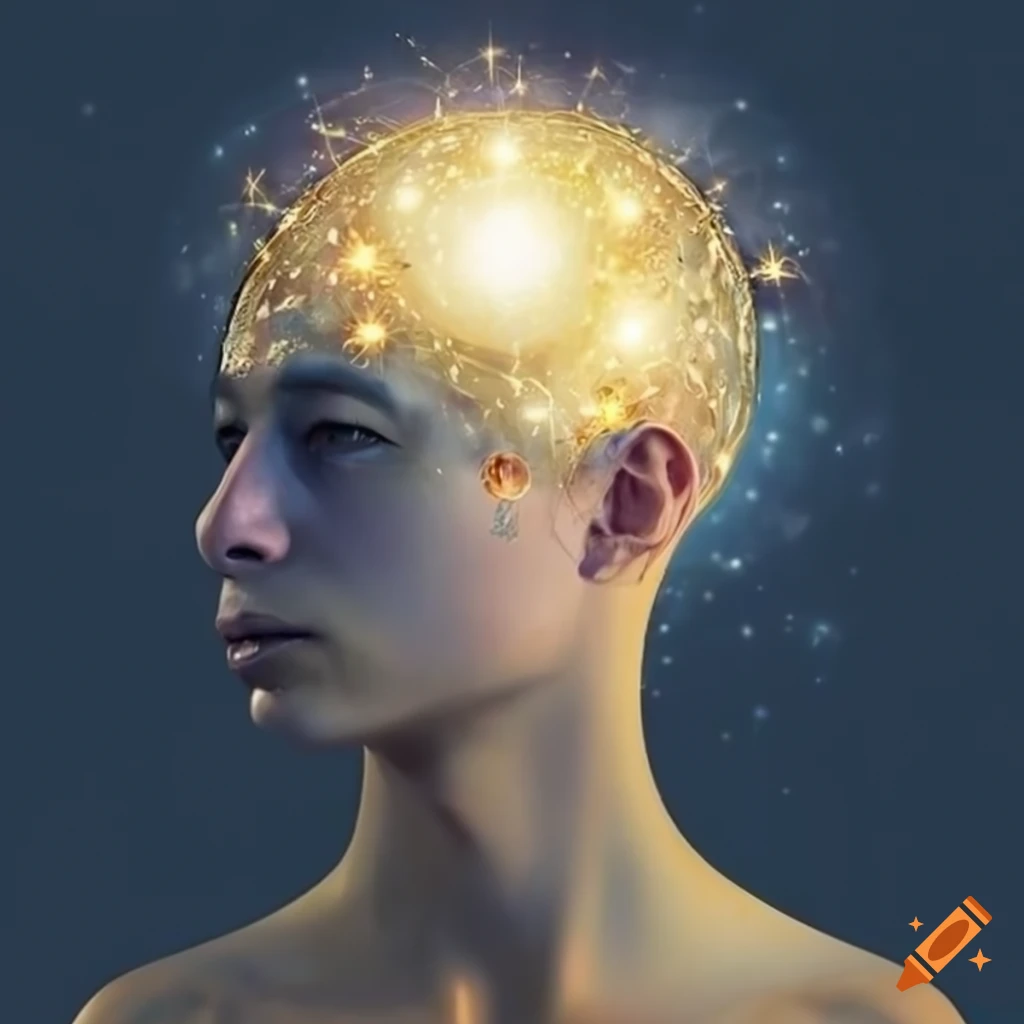 Man's mind illuminated by celestial light in a realistic design on Craiyon