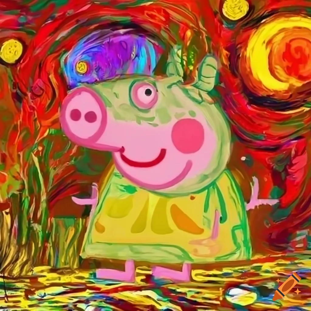 Peppa pig in van gogh painting style raising hands happily on Craiyon