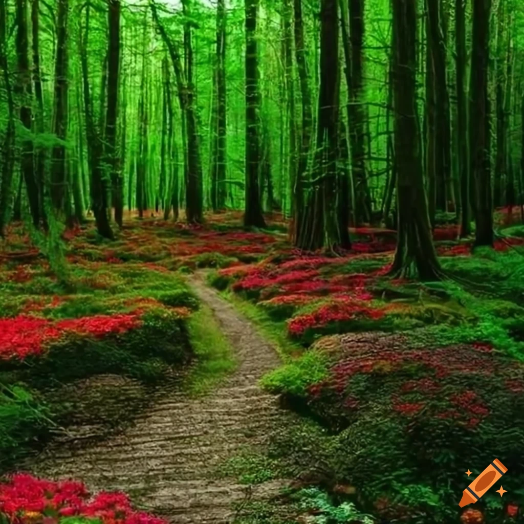 Lush green forest with tall trees and colorful flowers on Craiyon