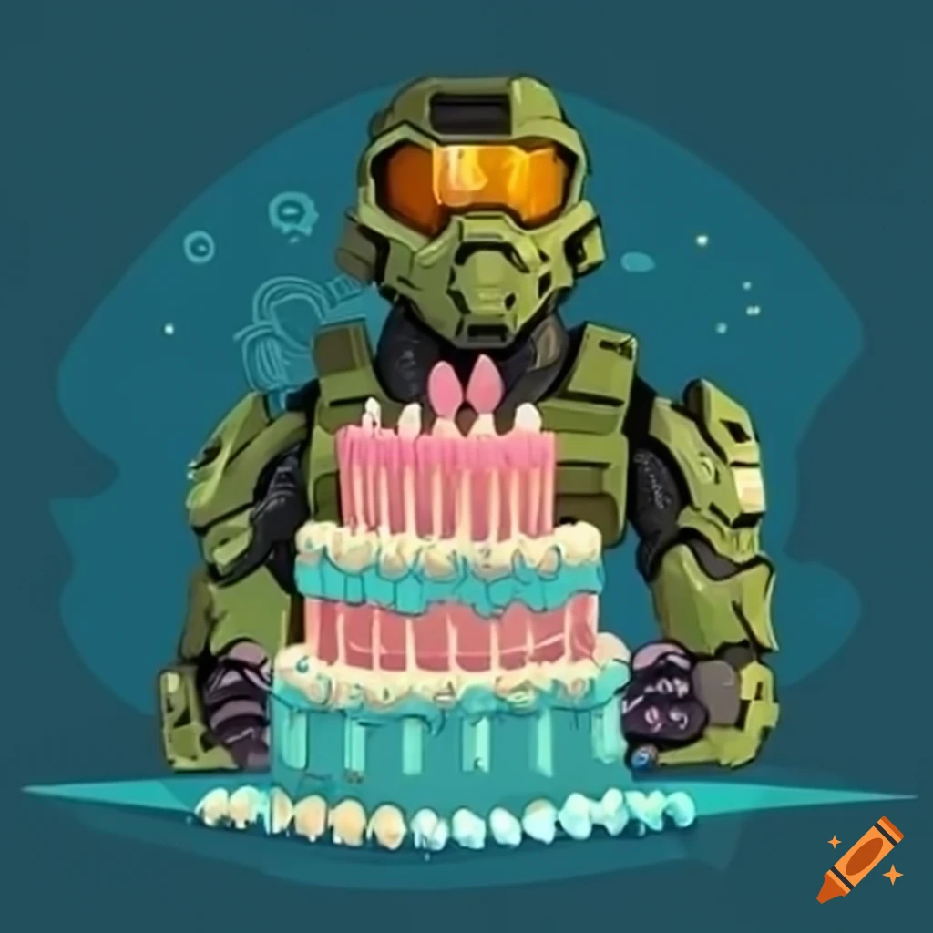 Halo master chief at birthday table with cake and decorations on Craiyon