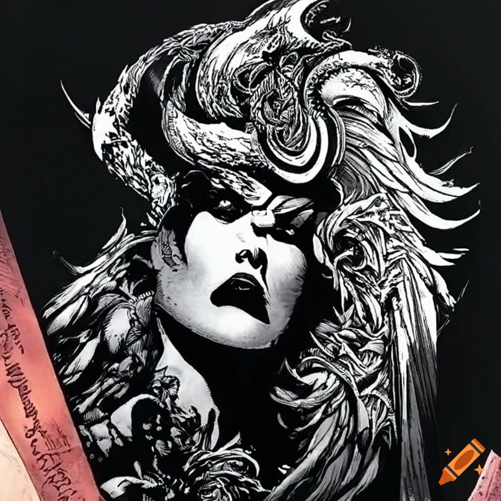 Intricately detailed fantasy art of a powerful winged woman in pen and ...