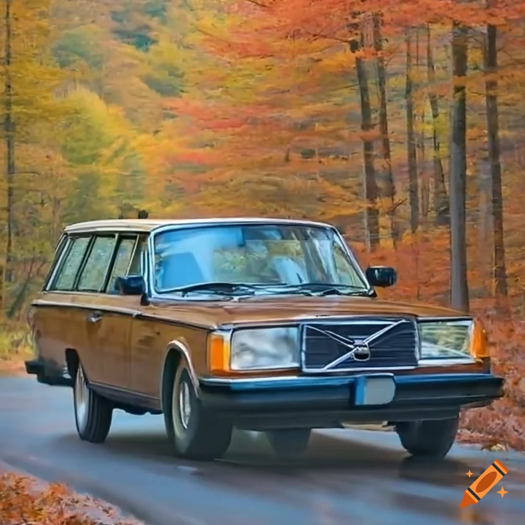 Volvo 240 station wagon driving in the north maine woods during autumn ...